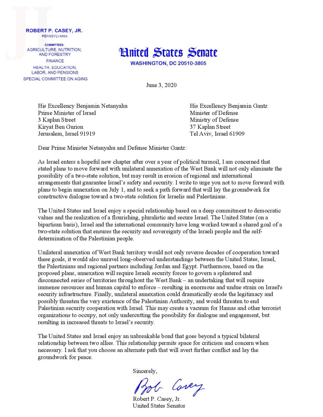Sen. Bob Casey opposes unilateral West Bank annexation in solo letter to Israel leaders